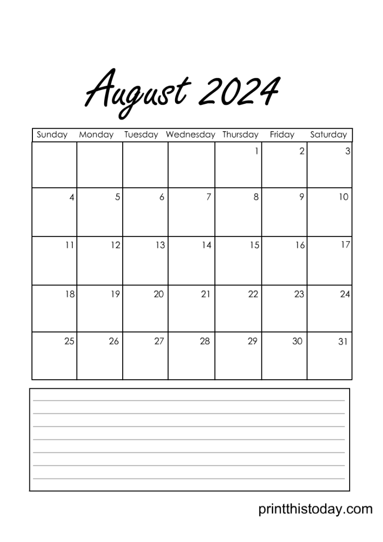 Free Printable August 2024 Monthly Calendar
