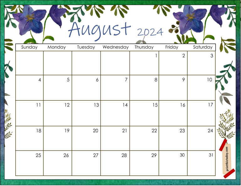 Free Printable August 2024 Monthly Calendar