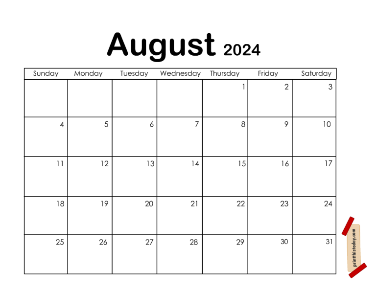 Free Printable August 2024 Monthly Calendar