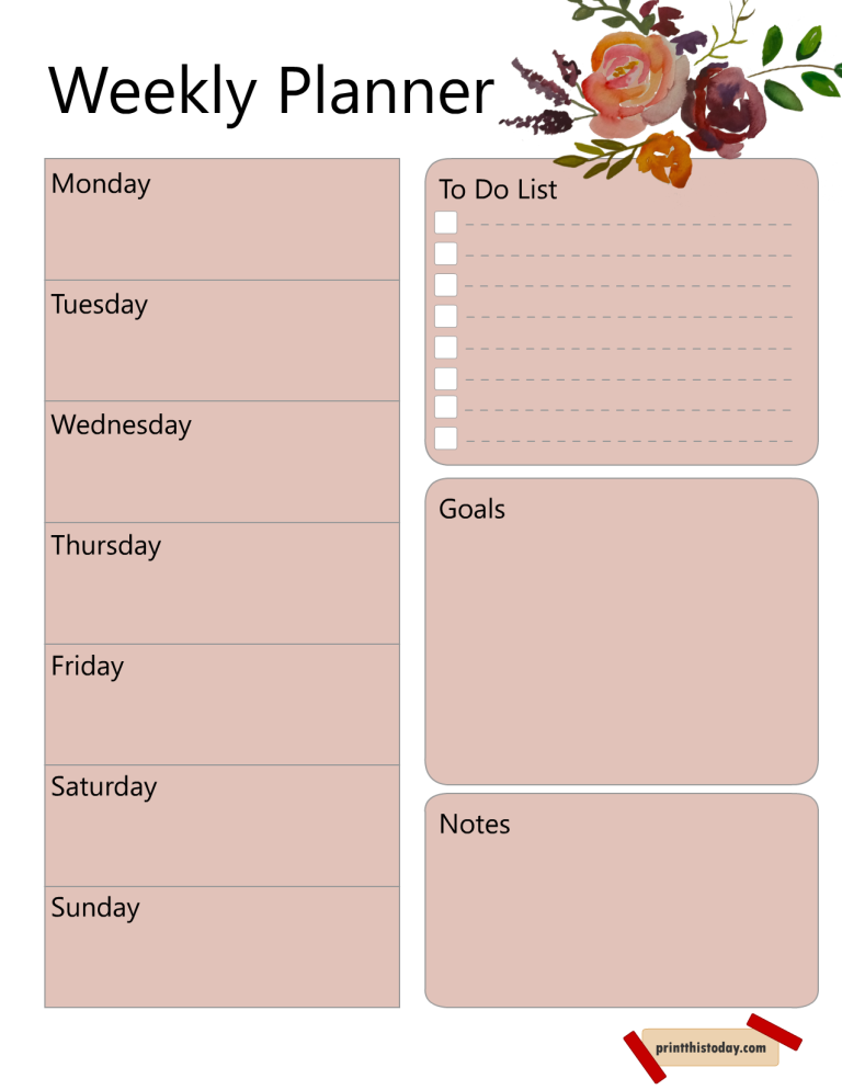 6 Free Printable Weekley Planner Templates